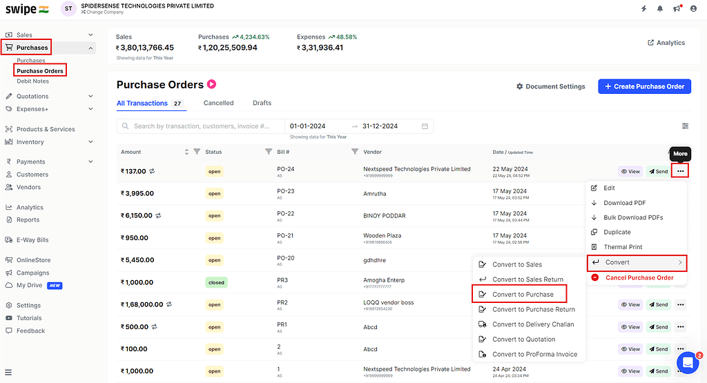 How to convert purchase order to purchase? - General - Swipe