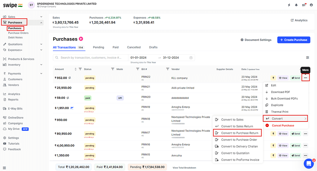How to convert purchase to purchase return? - General - Swipe