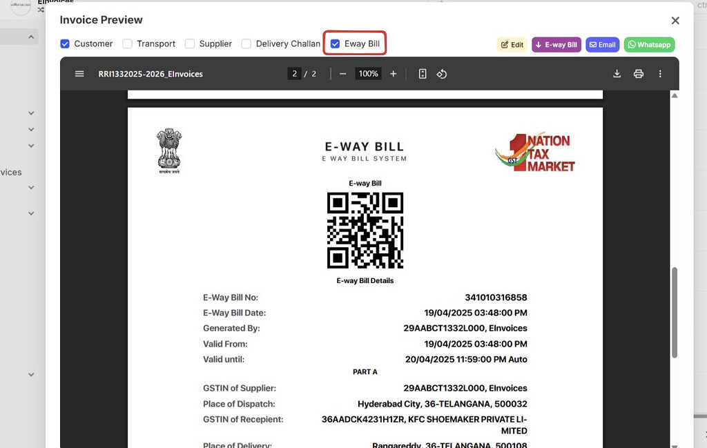 How to attach the E way bill PDF in the invoice copy? - General - Swipe