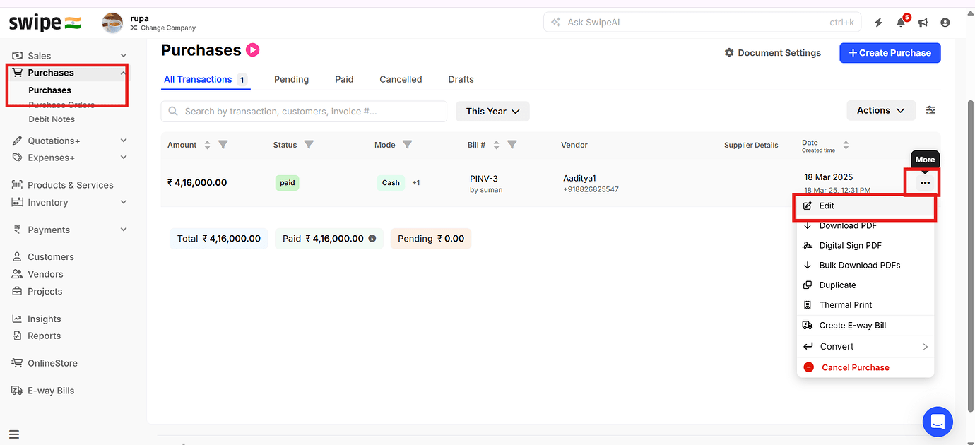 How to change Purchase Invoice serial number on web? - General - Swipe