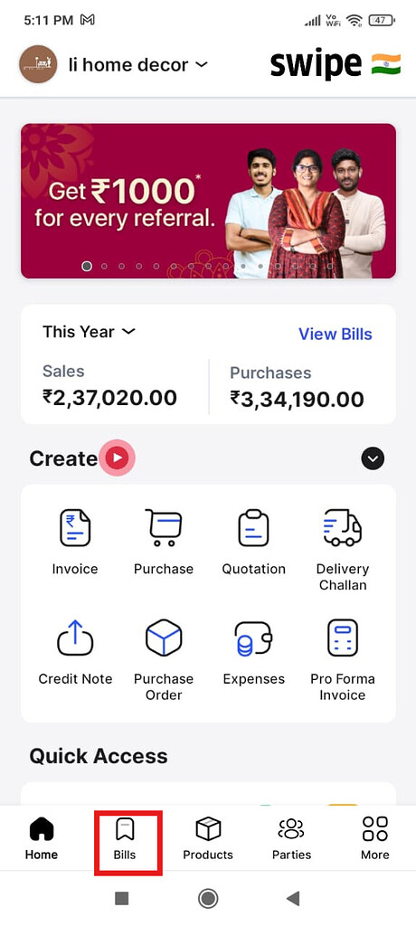 How to convert purchase invoice into sales invoice on mobile? - Android - Swipe