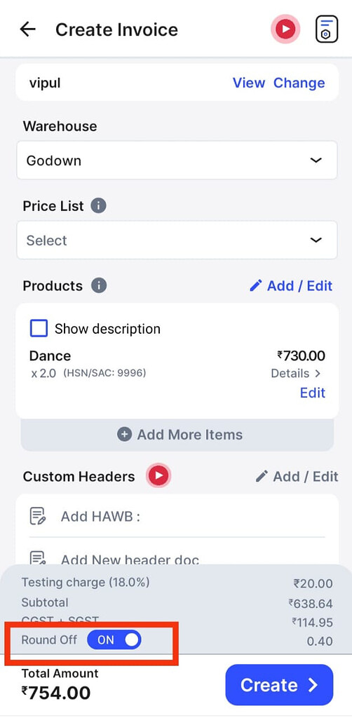 How to round off the Invoice value while creating Invoice in the Mobile? - Android - Swipe
