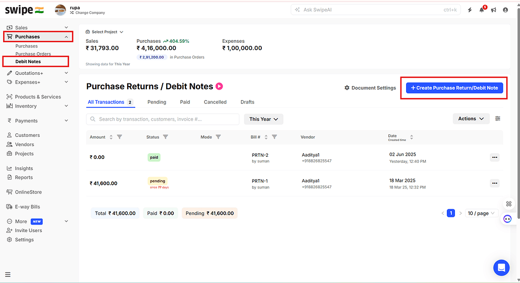 How to select project while creating Purchase Return/ Debit Note ...