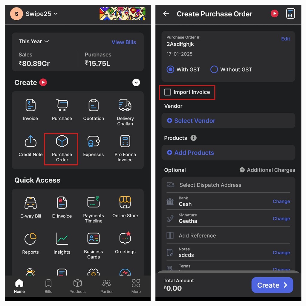 How to create Import purchase order in Android? - Android - Swipe