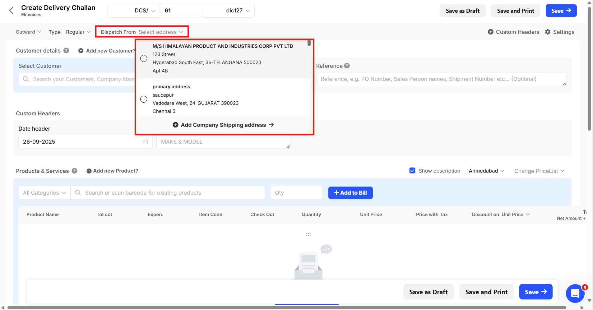 How to select the dispatch from address in the delivery challan in web? - General - Swipe