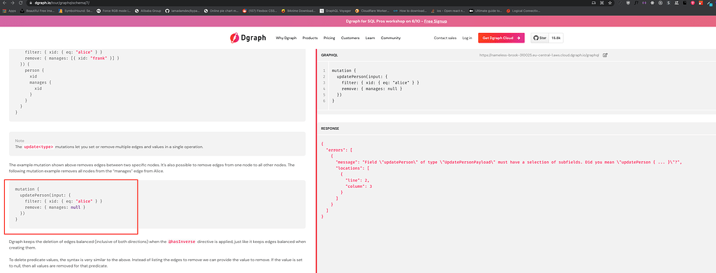 Setting null to delete edges doesn't work - GraphQL Tour Schema site 7 - Dgraph - Discuss Dgraph