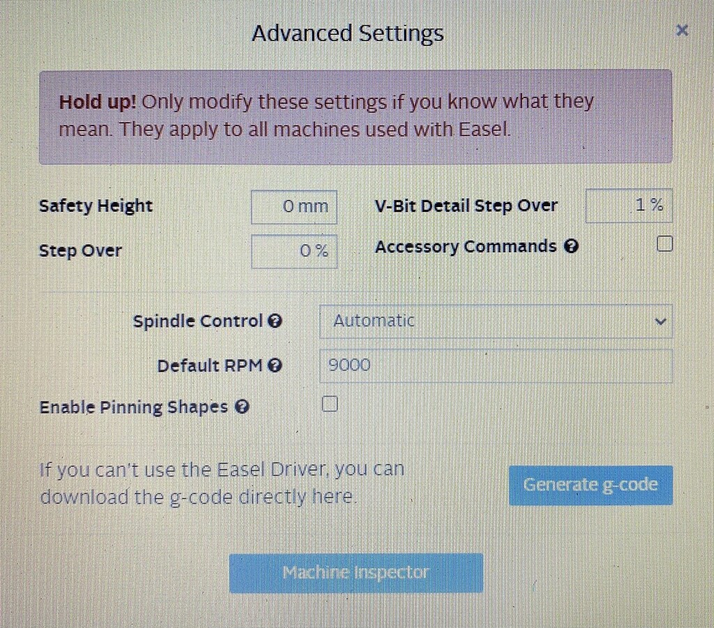 Need factory settings for EASEL - Inventables Community Forum