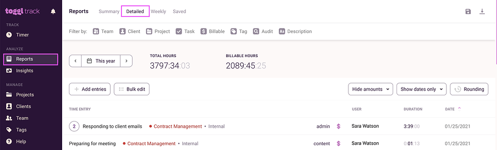 Detailed report - Analyzing time and reporting - Toggl Community