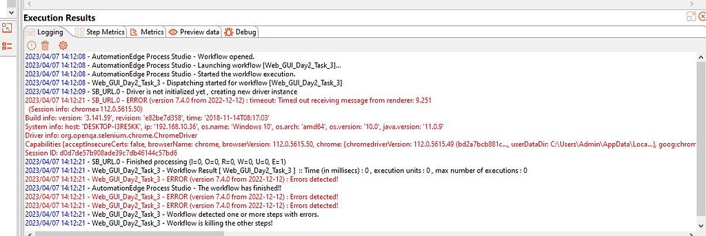 Error while running workflow in process studio - Process Studio - AutomationEdge Community Forum ...