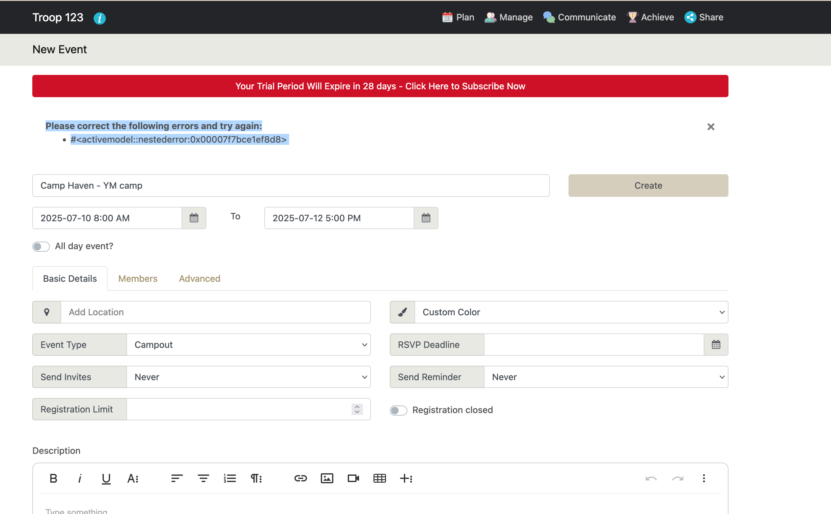 Activemodel::nested error when saving event - TroopTrack Bugs - TroopTrack User Community