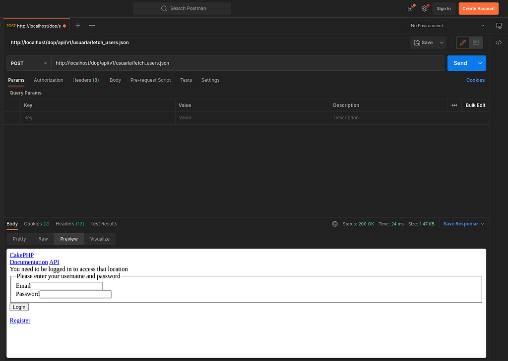 Api's getting response in html form with POST request - Cake Software Foundation, Inc.