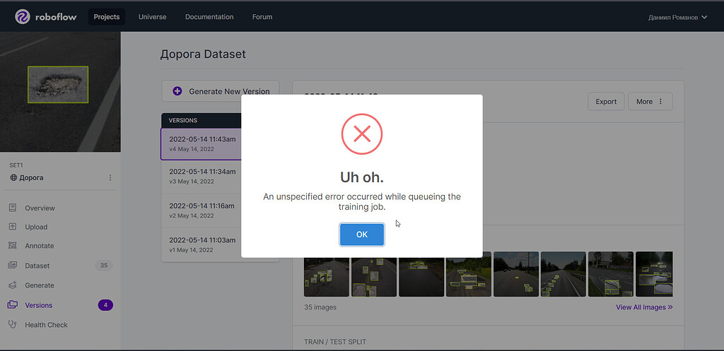 Uh oh, bug start training (warn) - 🤝 Community Help - Roboflow