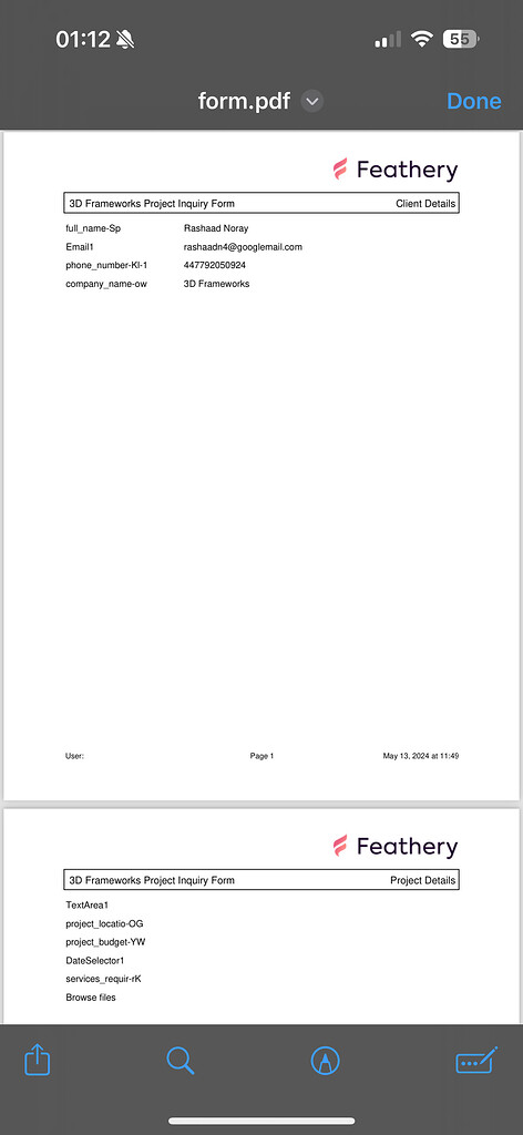 Can't see form answers on the emailed PDF - Support - Feathery Community
