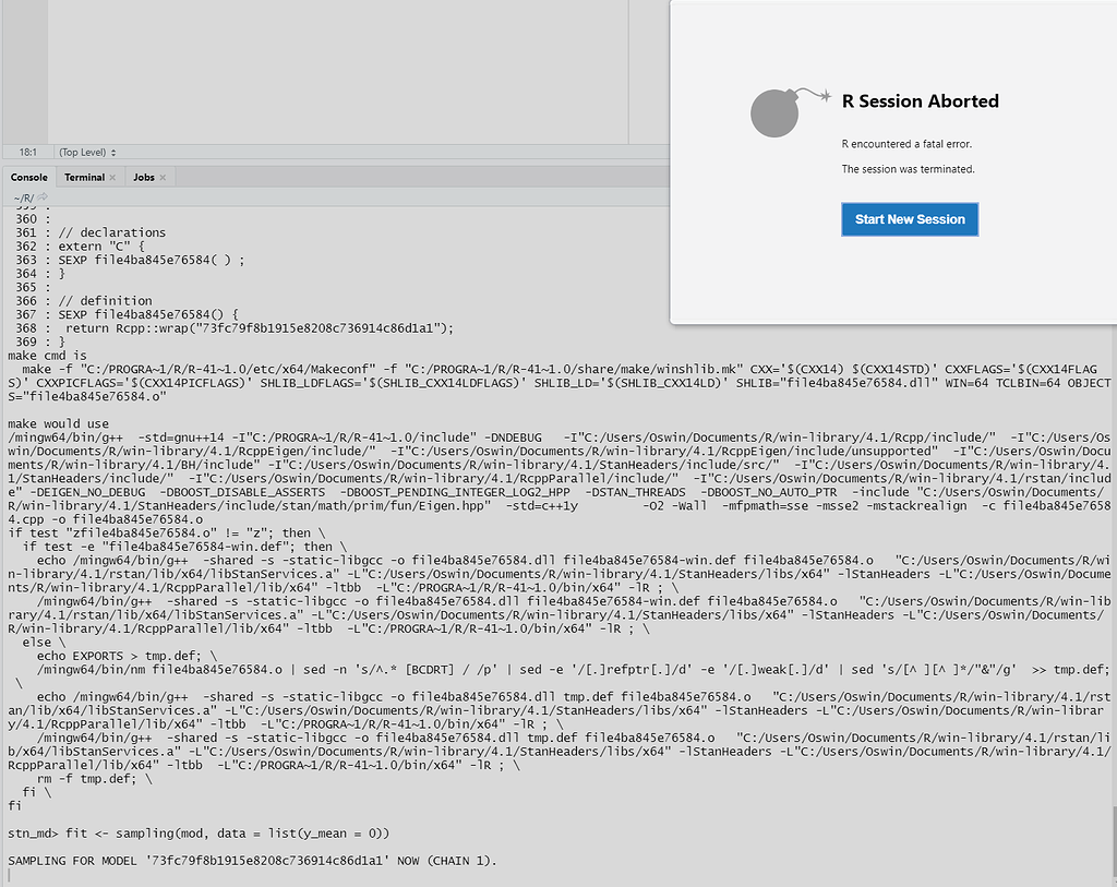 R crashes when trying out example(stan_model...) - General - The Stan Forums