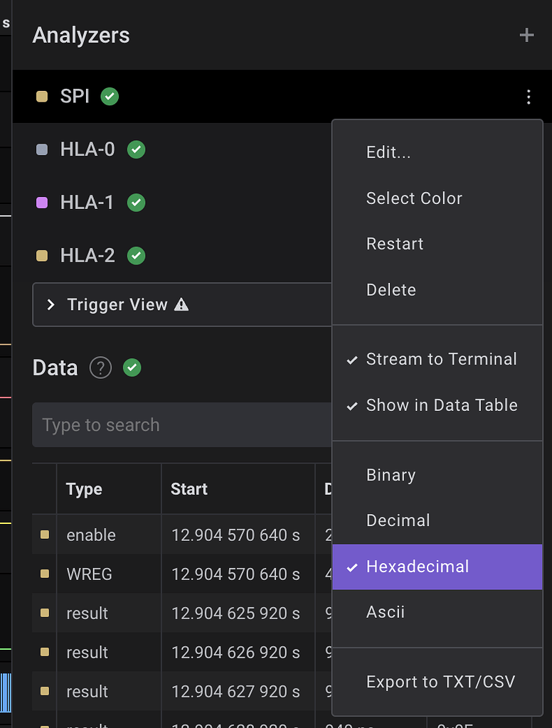 HLA access to Binary/Decimal/Hexadecimal/Ascii analyzer setting - Extensions - Saleae - Logic 2