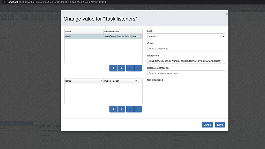 taskServiceBean set variable with an array - Flowable Application - Flowable