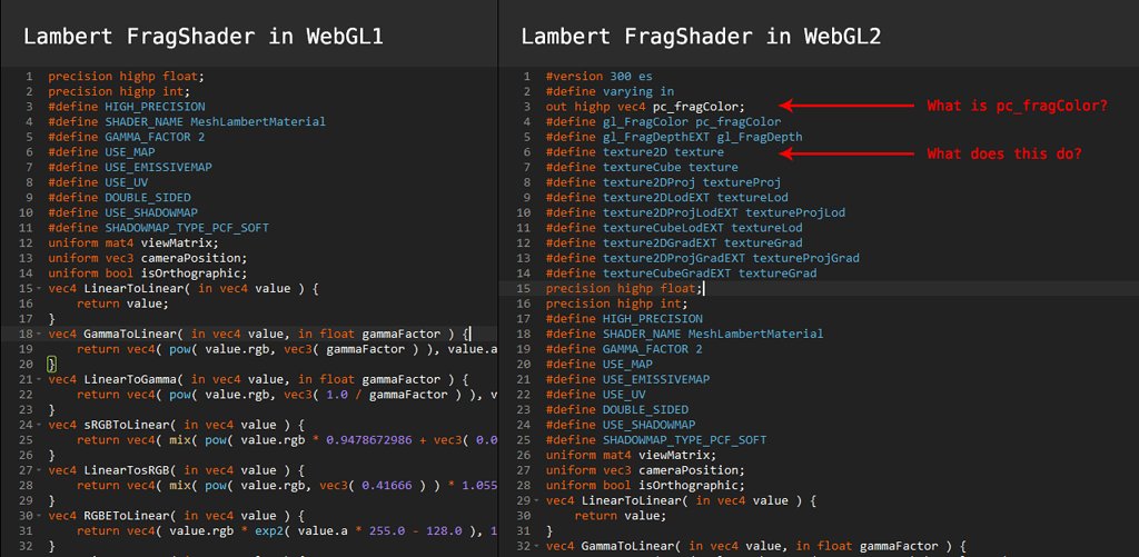 What does 'pc_FragColor' do in WebGL2 shaders? - Questions - three.js forum