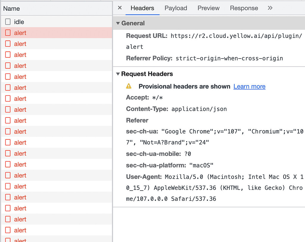Alert function failed in network tab for website that has been integrated with the BOT ...