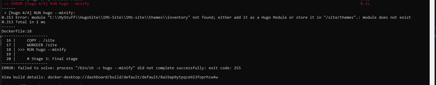 Error when building Hugo website locally using Docker - support - HUGO Error when building Hugo website locally using Docker - support - HUGO