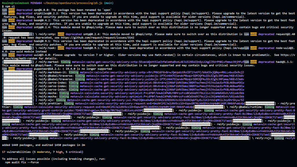 I am getting vulnerabilities while setting up the p5.js project - Development - Processing ...