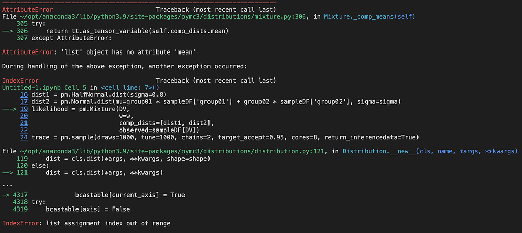 Error when trying mixture distribution for likelihood (updated) - v3 - PyMC Discourse