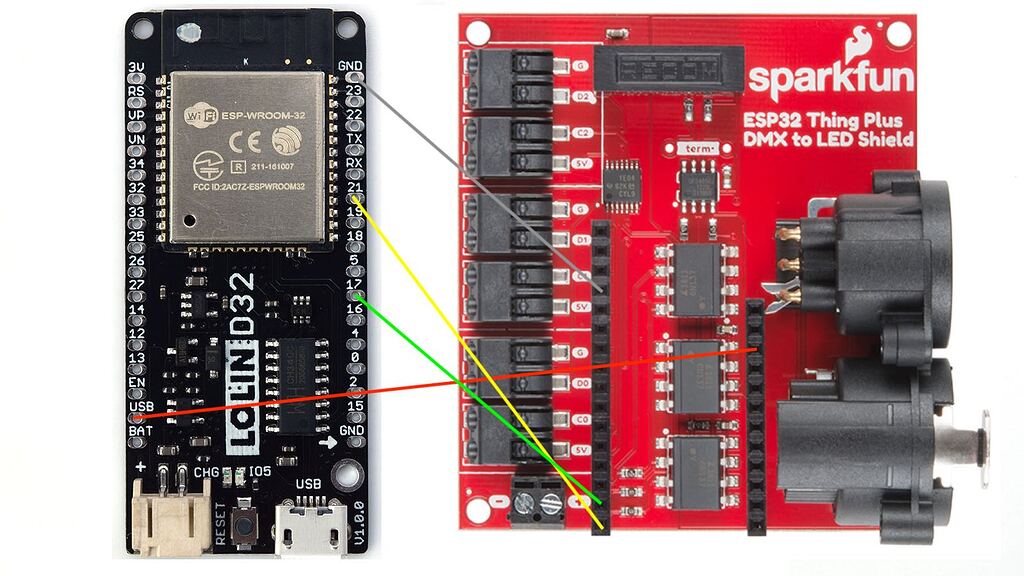 Connecting non-Feather ESP32 board to SparkFun ESP32 DMX to LED Shield - LEDs - SparkFun Community
