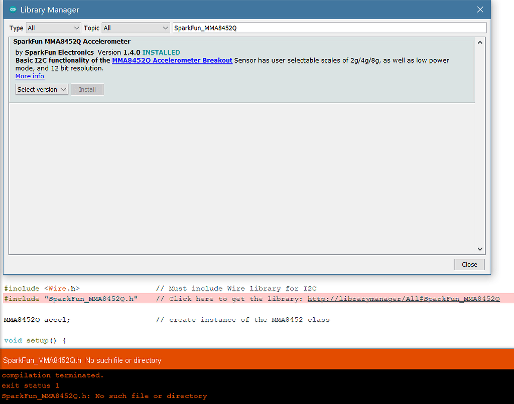 Sparkfun MMA8452Q Accelerometer Library Installed, but Arduino IDE does not find directory to ...